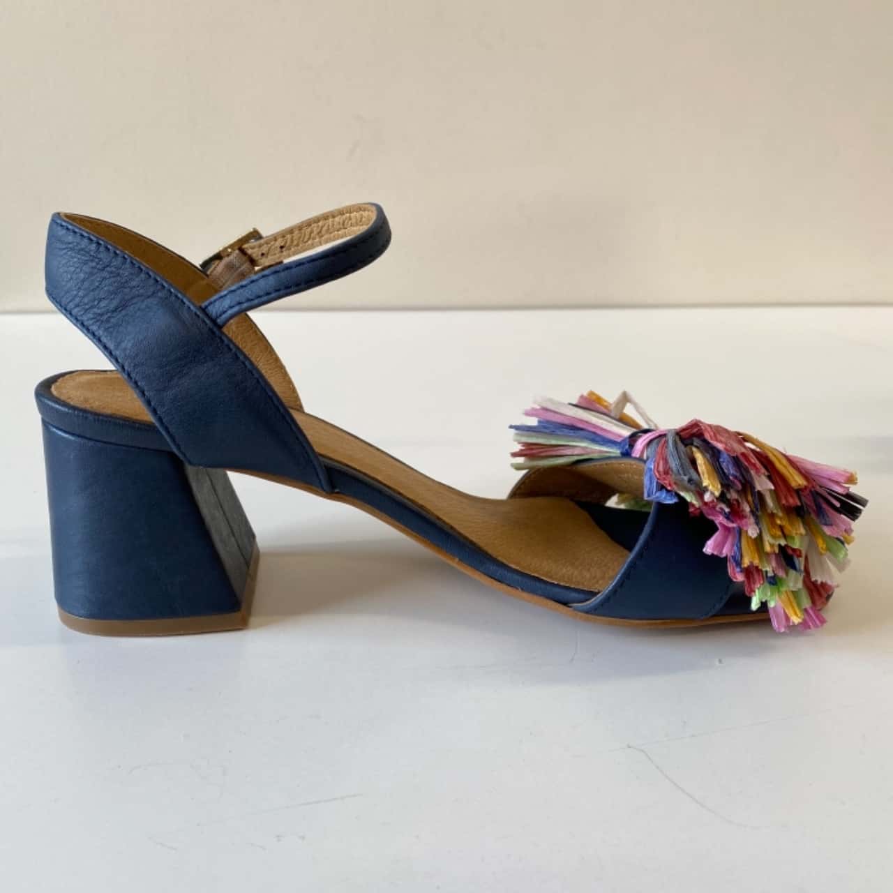 Midas Women's Size 36 Navy Leather Shoe With Raffia Detail(s)