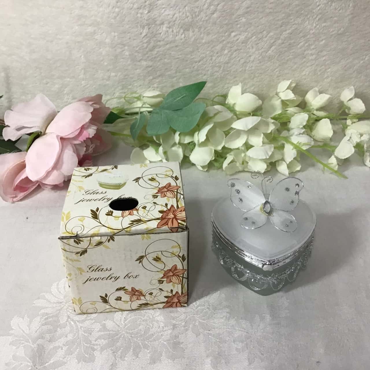 Small Heart Shape Frosted Glass Jewellery Box with Butterfly (boxed)(s ...