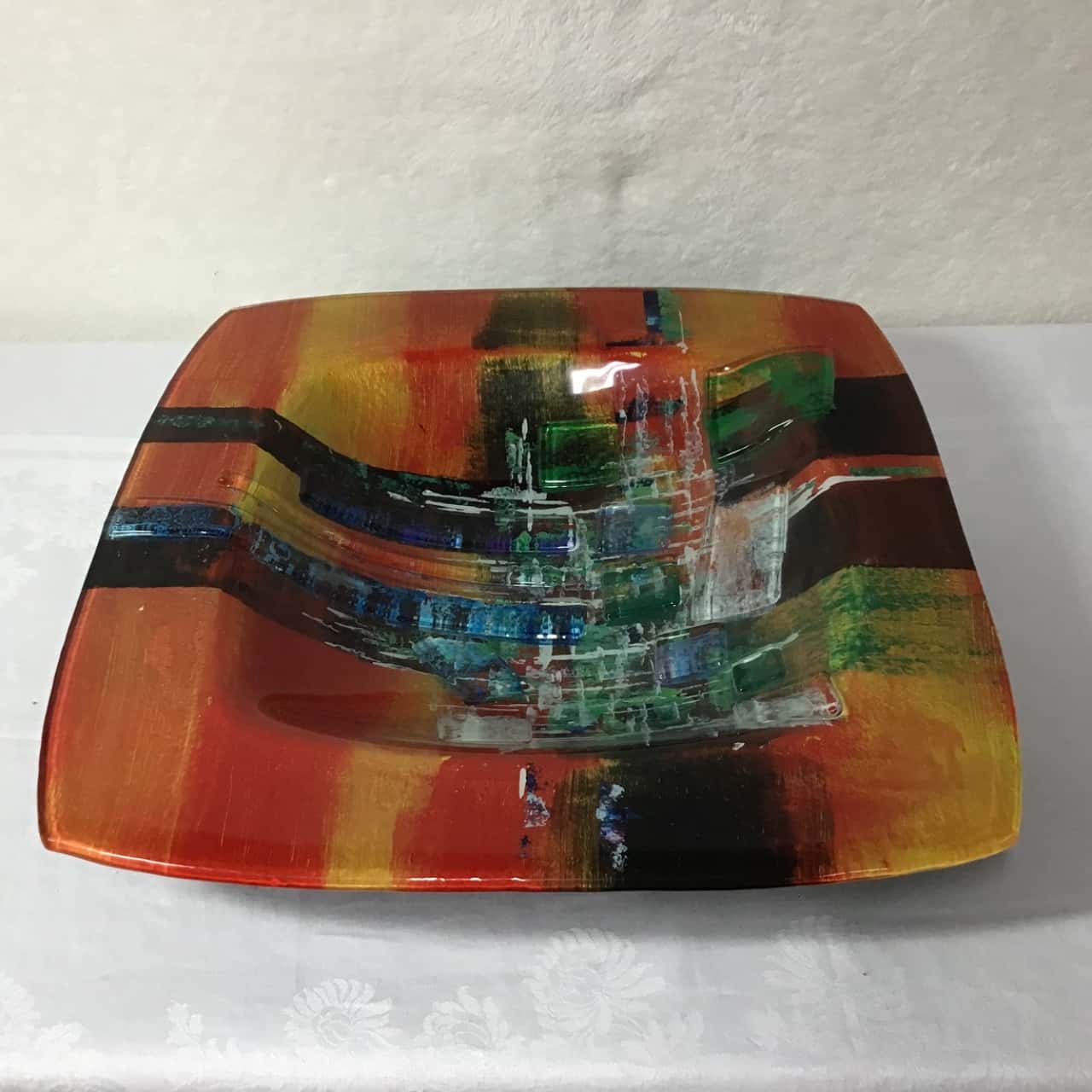 Large Multicoloured Pattern Square Glass Display Dish