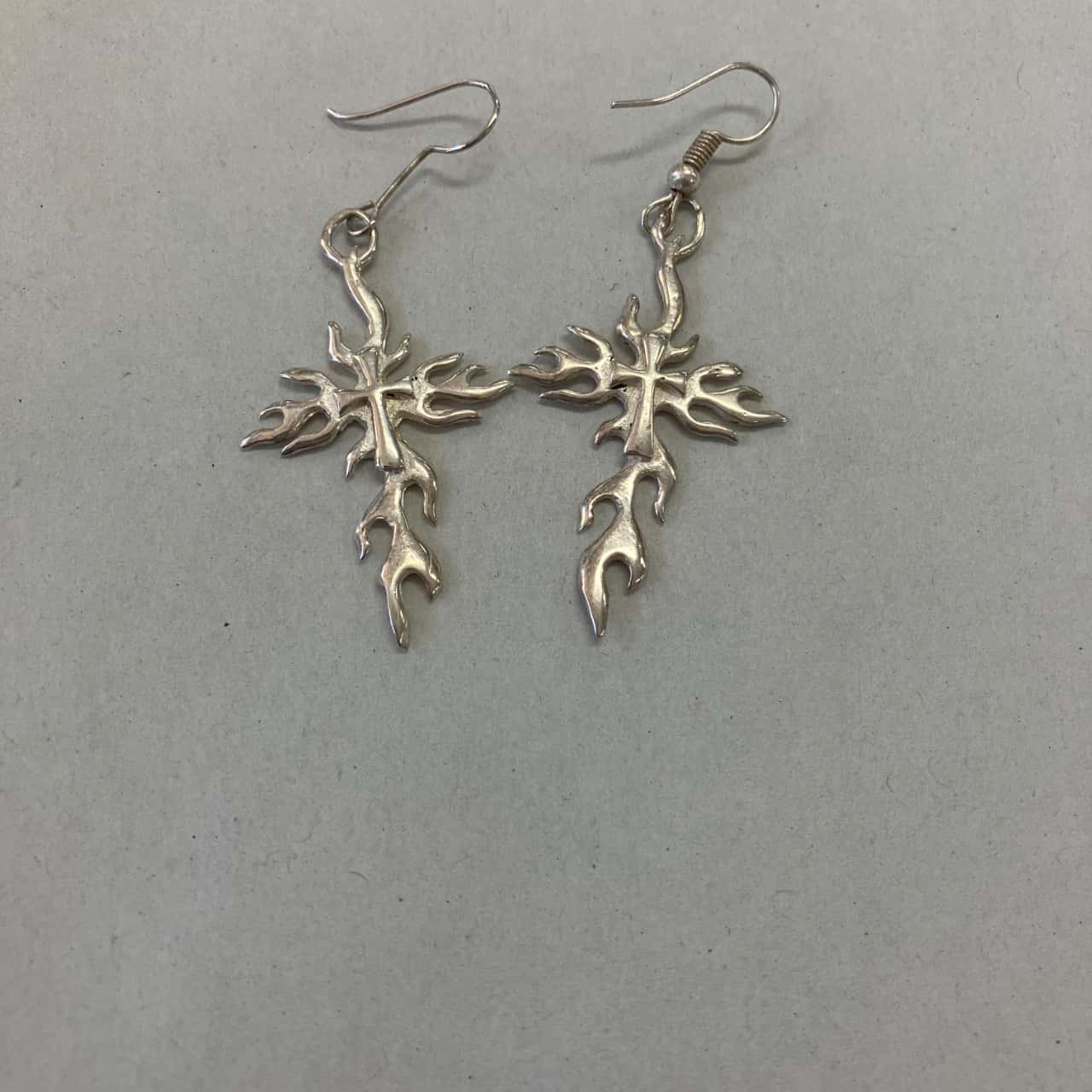 Gothic Unisex Flaming Cross Sterling Silver Earrings