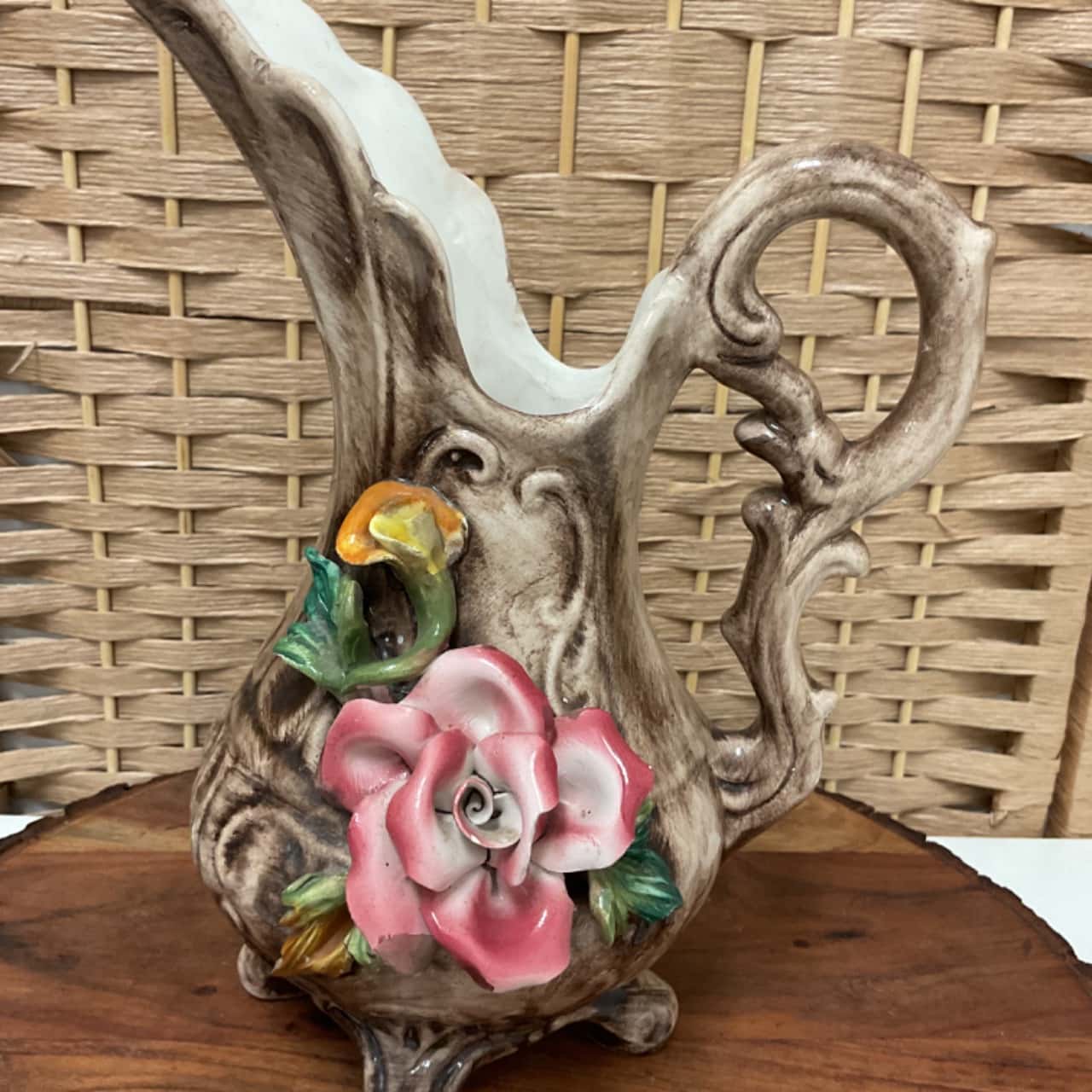 Vintage Pitcher Footed Vase Capodimonte Italy Hand Painted Antique Decor