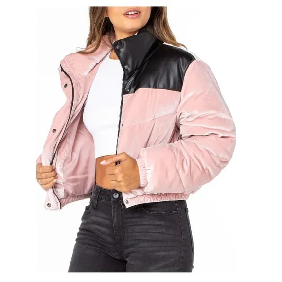 CELEBRITY PINK Size XL Pink Subtle Shimmer Velvet Crop Puffer Jacket