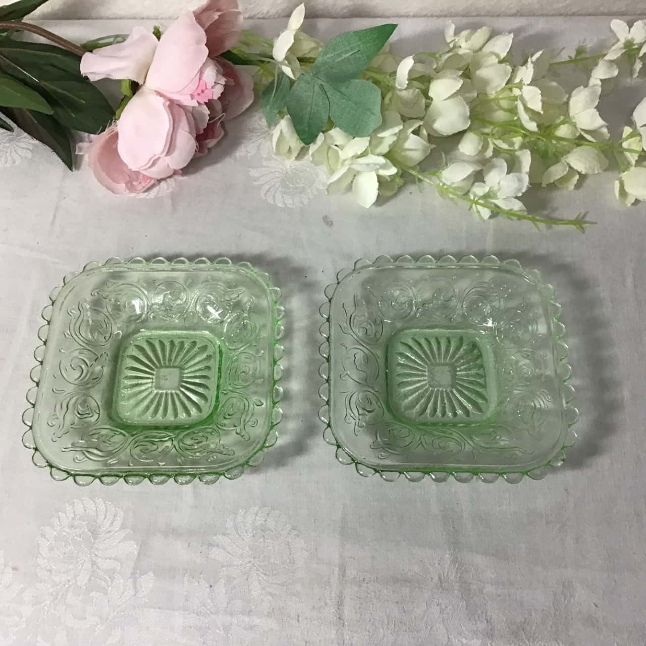 Vintage Decorative Pattern Green Depression Glass Square Plates (x 2)