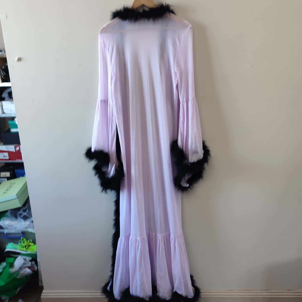 Womens One Size Sheer Purple Dressing Gown with Black Feather Trim(s)