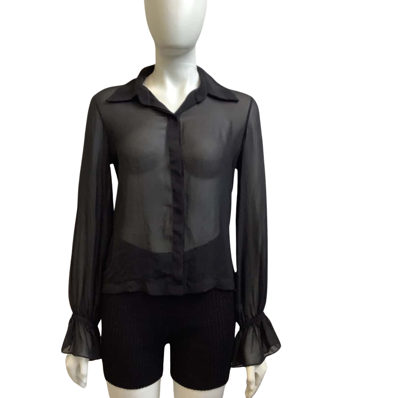 Carla Zampatti Womens Size 8 Sheer Frill Cuff Shirt Black(s)