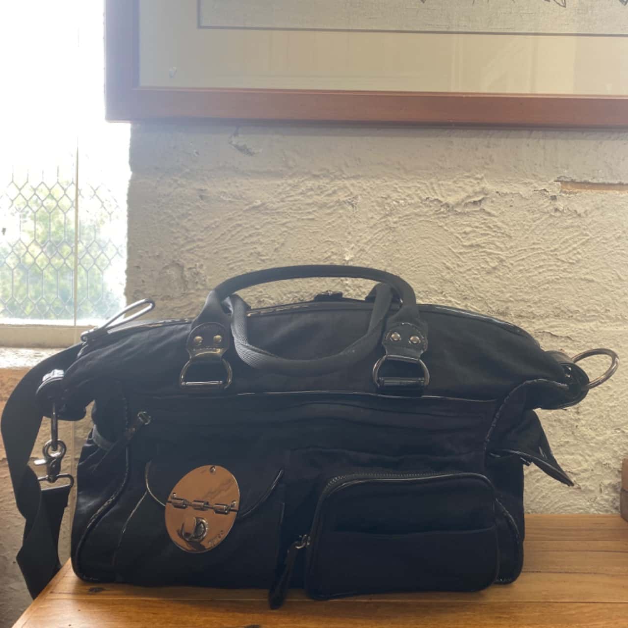 Mimco Womens Large Black Nylon Overnight bag With Patent Leather Trim(s)