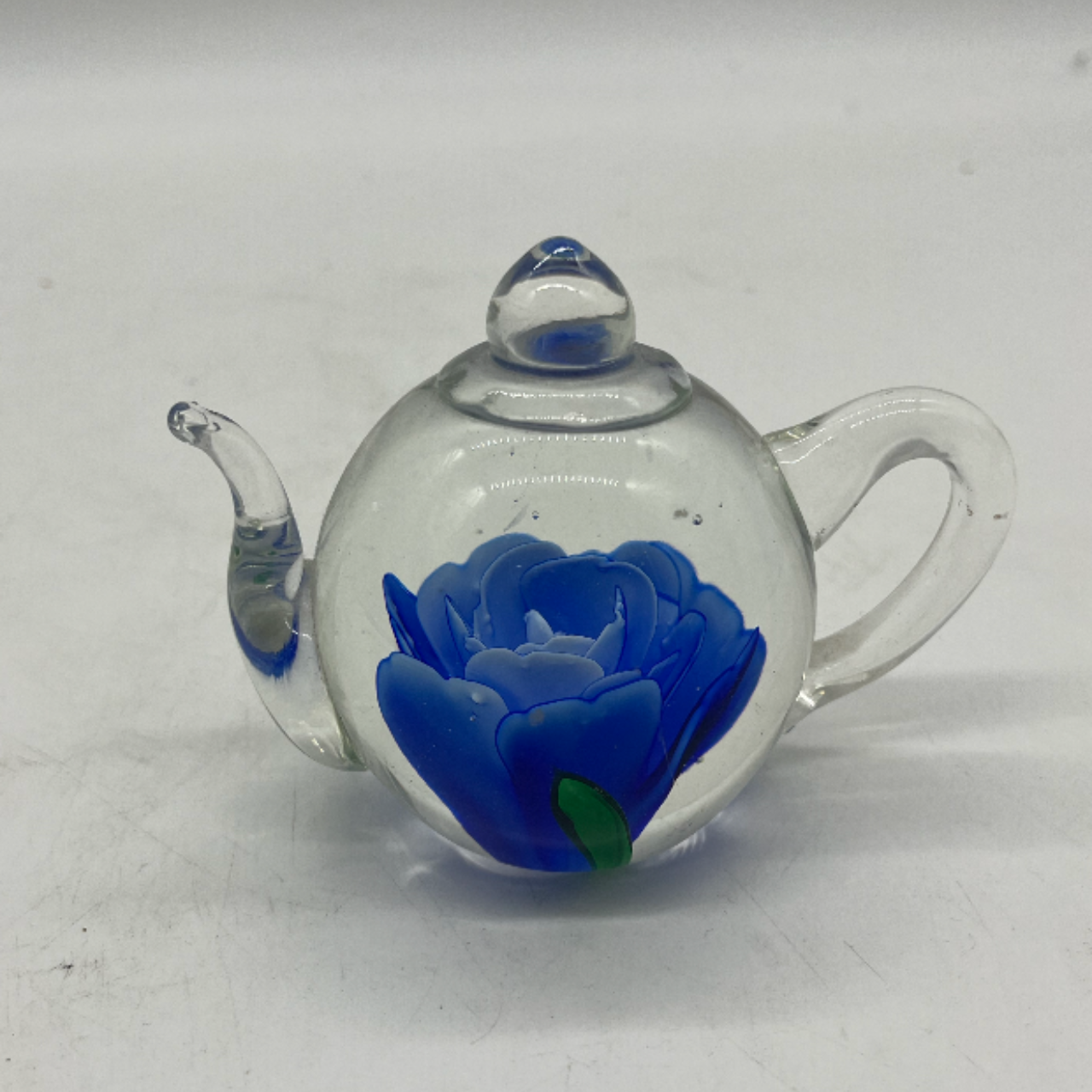 Clear Blue Flower Teapot Paperweight