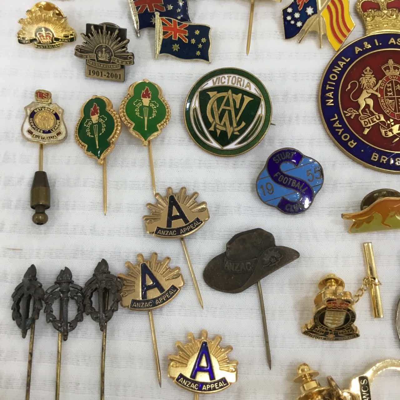 Vintage 50 Assorted Pins Tie Pins Pendants Badges Medals in wooden box(s)