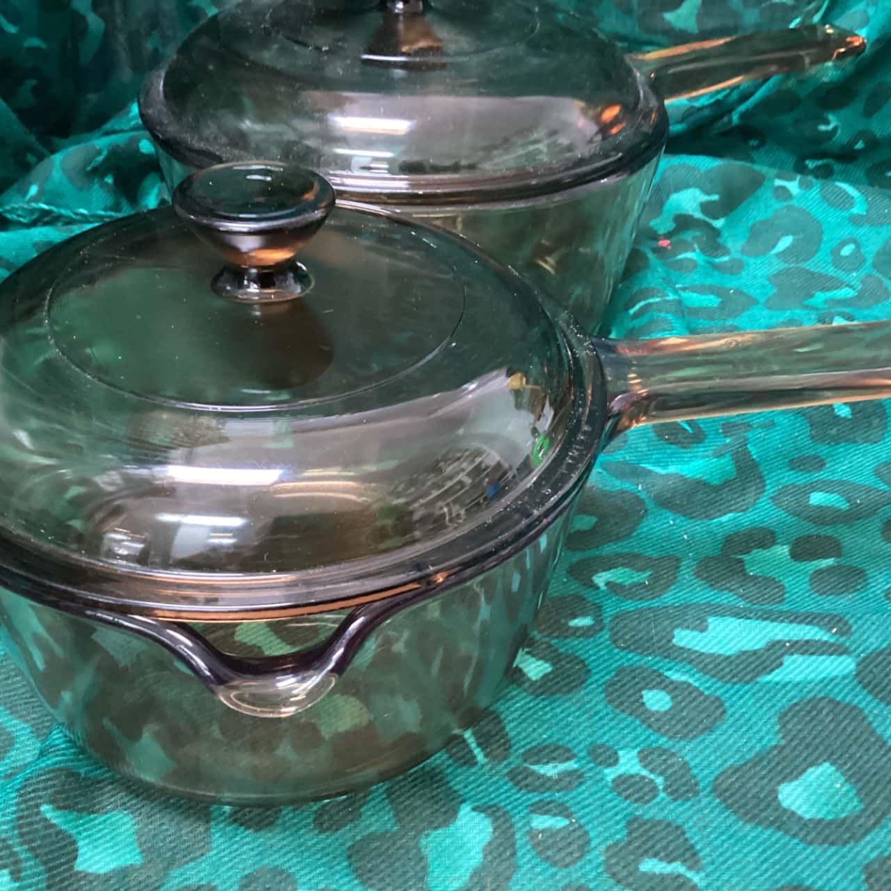 Vintage Corning Vision Amber Glass Saucepans with Lids.