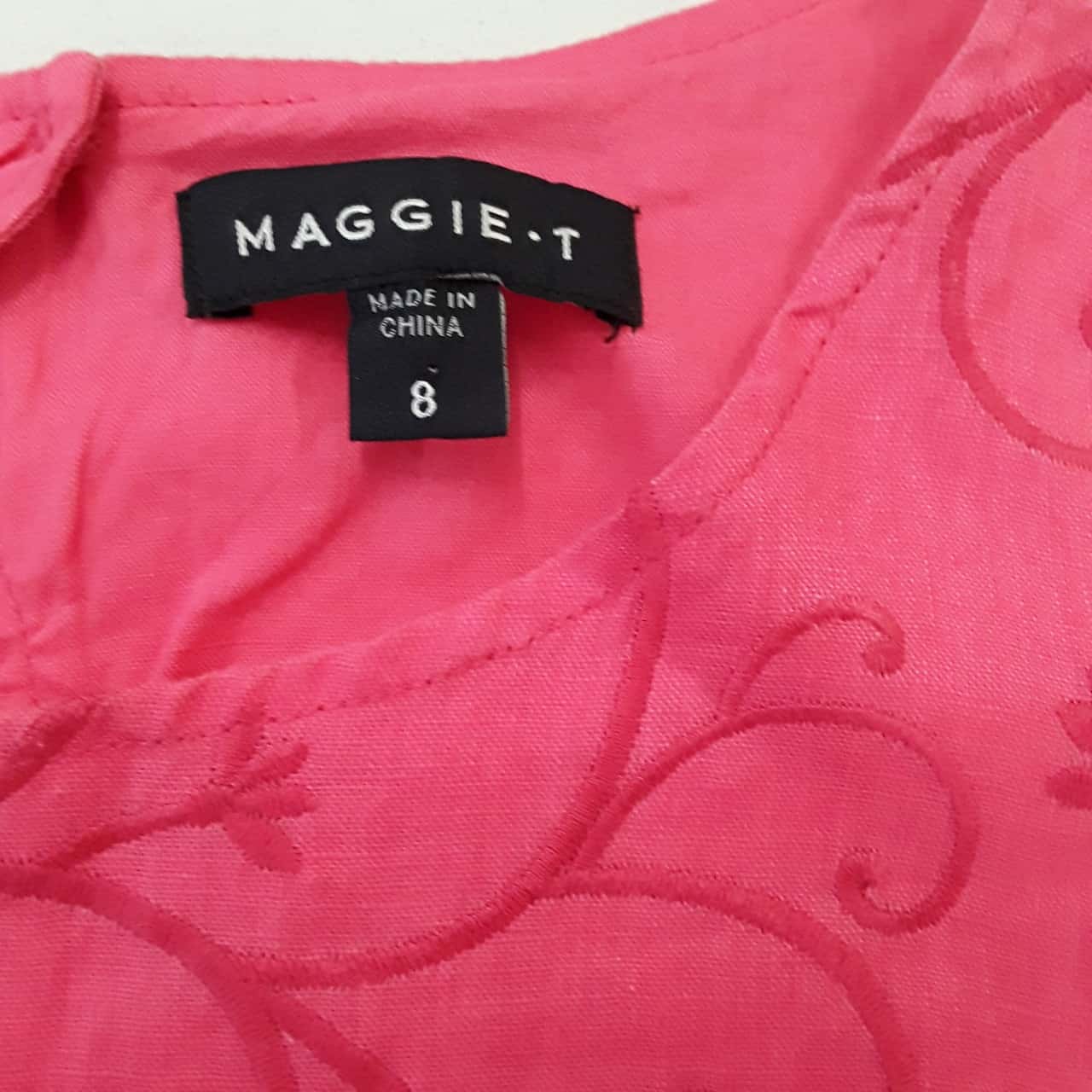 Maggie T Womens Sleeveless Linen Dress Size 8 Pink Embroidered.