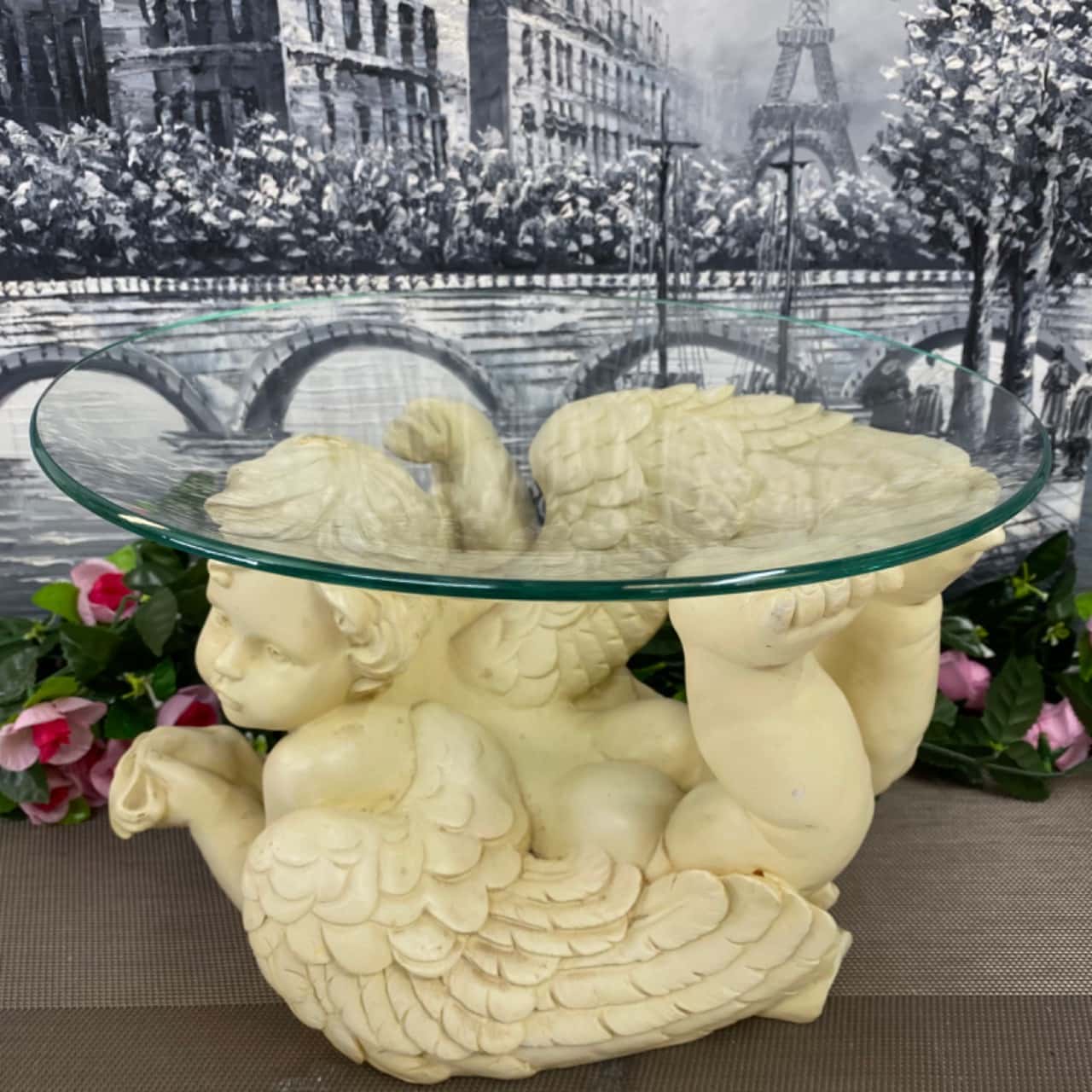 Ceramic large cherub with glass top dish- please read description (s)