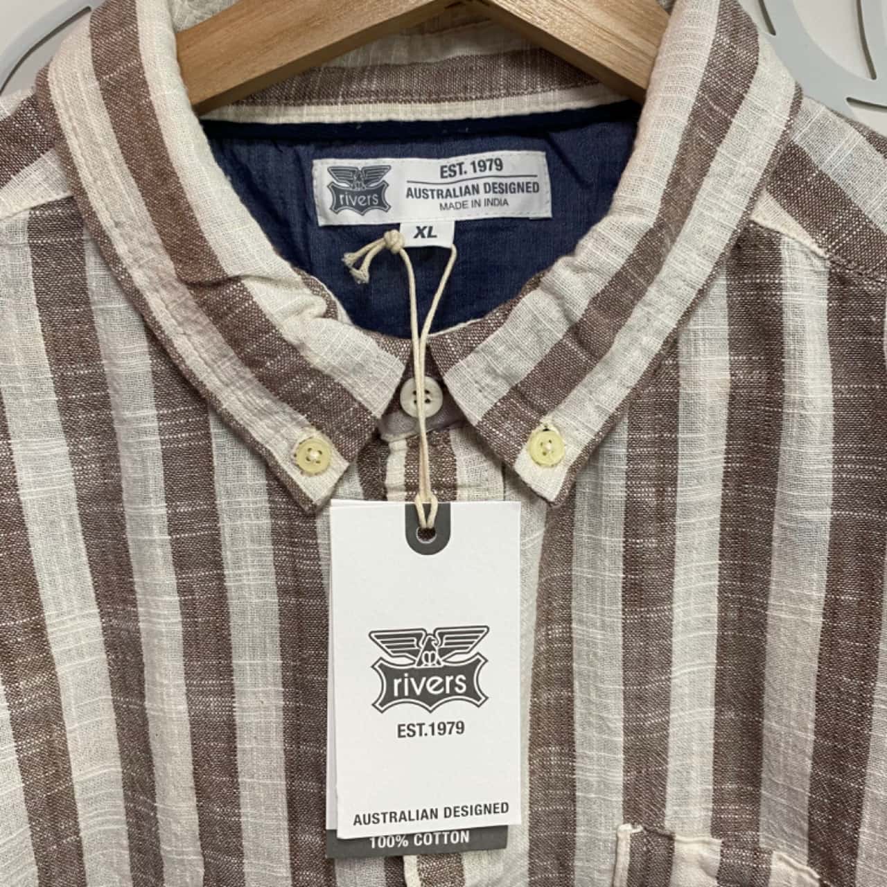Rivers Mens Size XL Short Sleeve Shirt Beige / Striped / White (s)