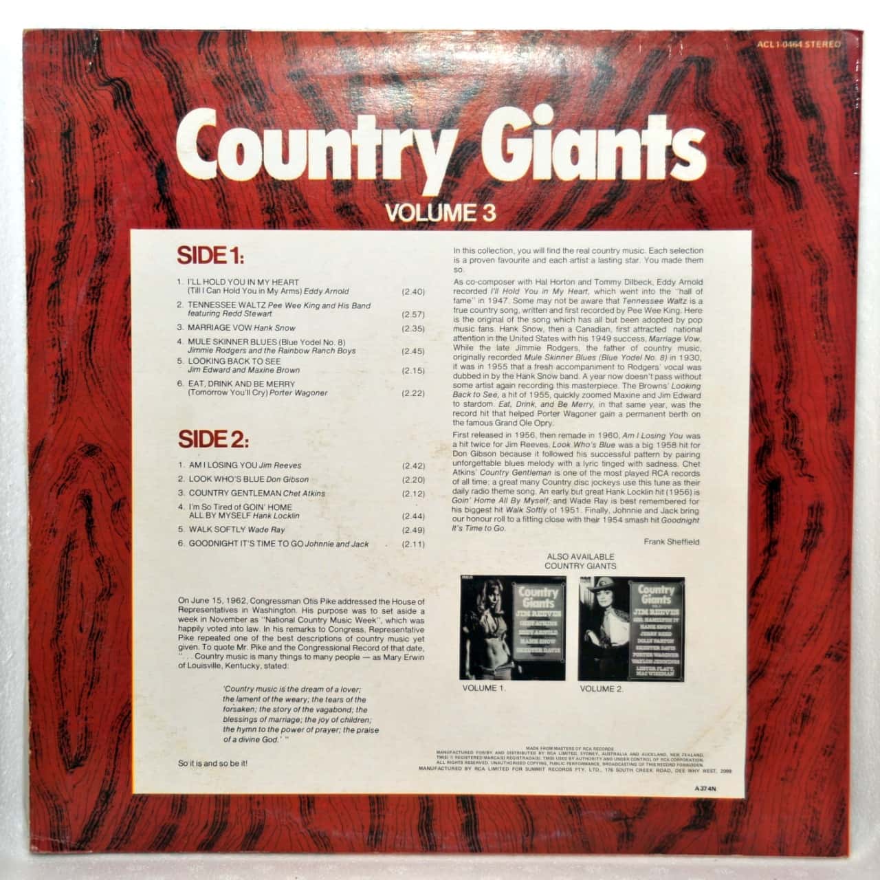 12" Vinyl Record - Country Giants Vol.3 - Folk/Country Music