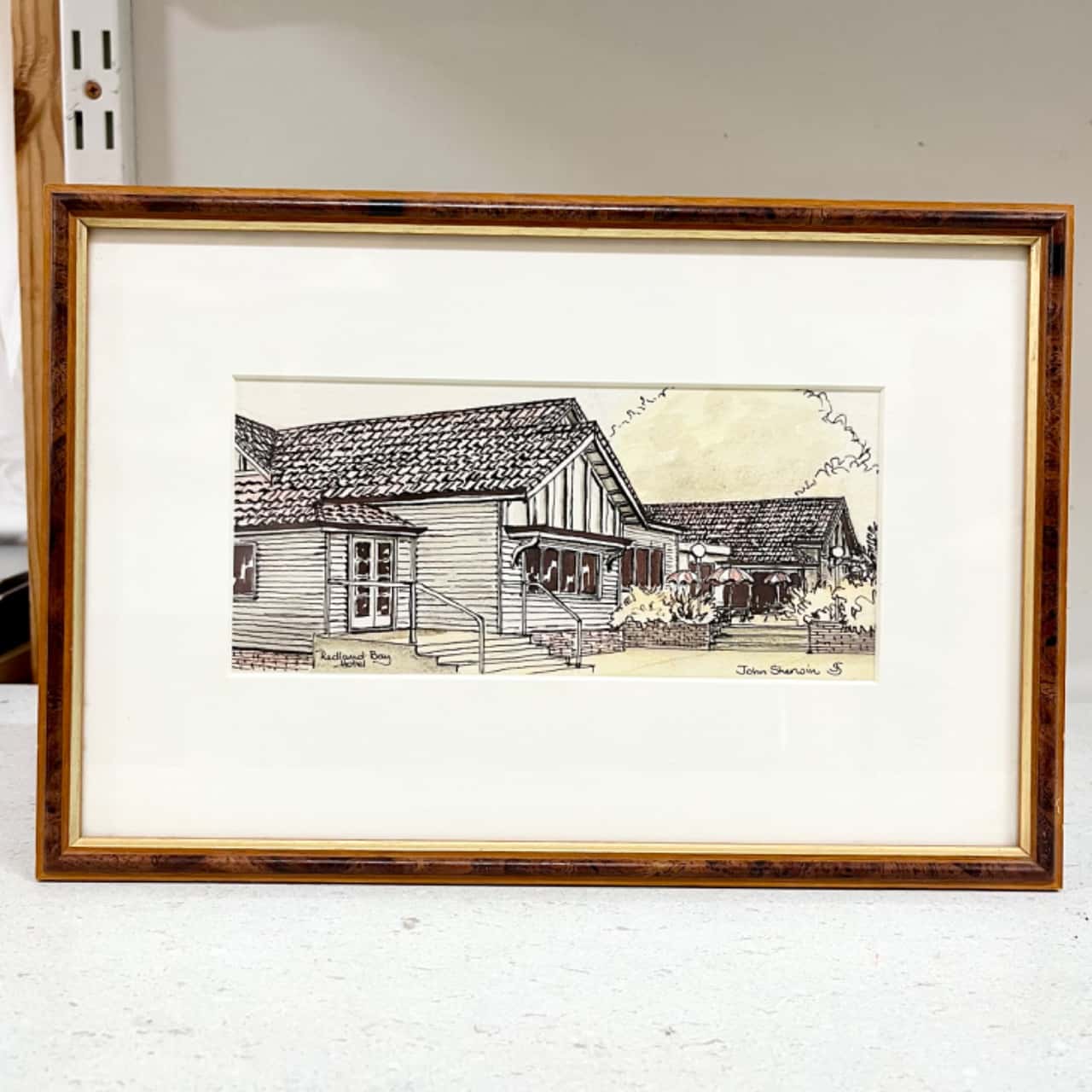 Redland Bay Hotel QLD Ink Pen & Watercolour Framed behind Glass 34cm x 23cm