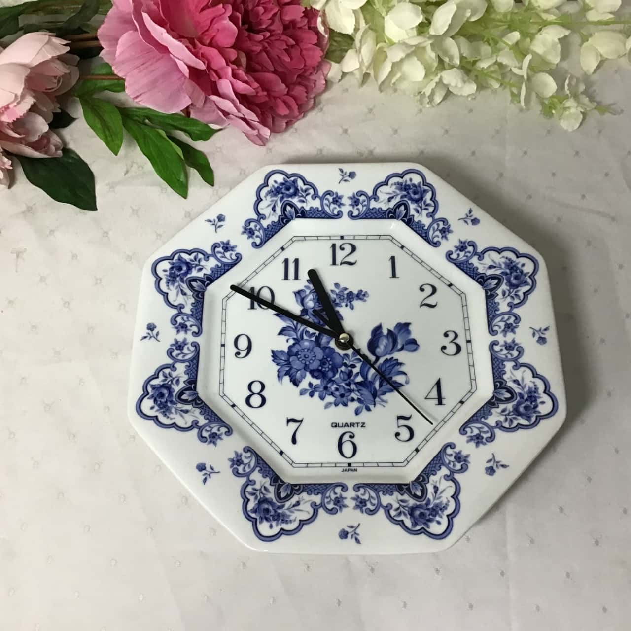 White / Blue Floral Pattern Quartz Octagon China Wall Clock(s)