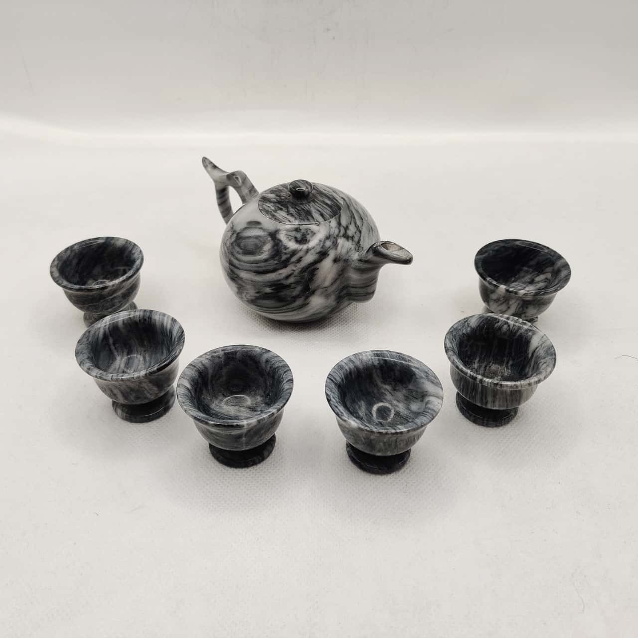 Miniature Stone Carved Marble Teapot Set ~ Grey White Marble (s)