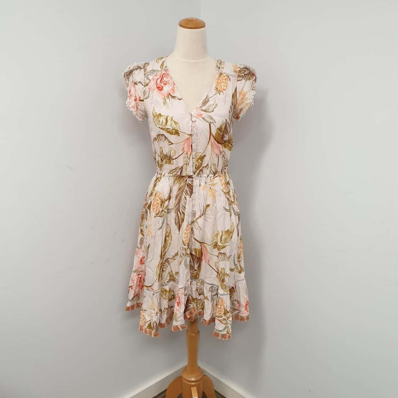 Jaase Cute Leaf & Pink Floral Mini Dress with Lace, Fringe & Hem Frill ...