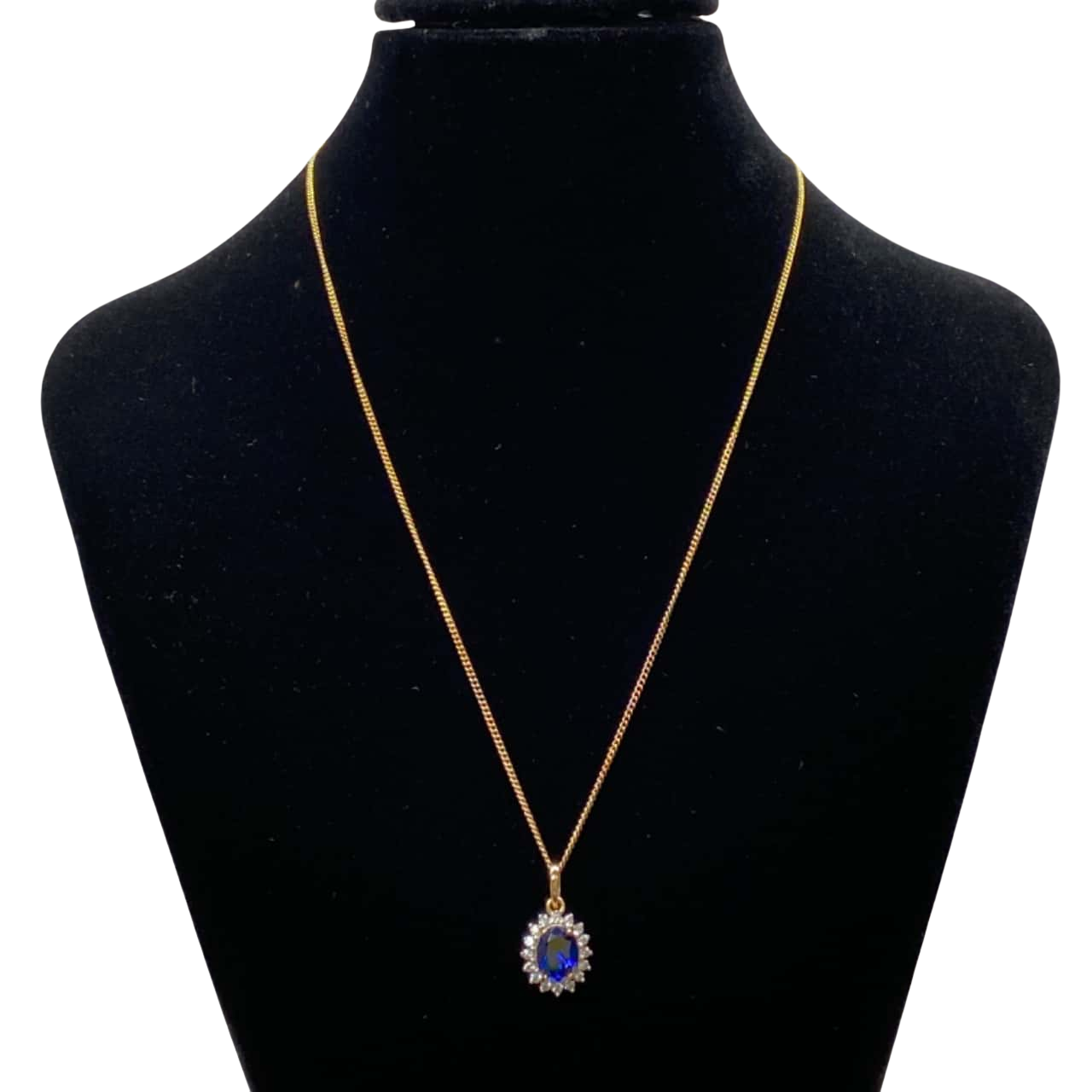 Women's Gold Pendant Necklace with a Blue Stone and Cubic Zirconias(s)