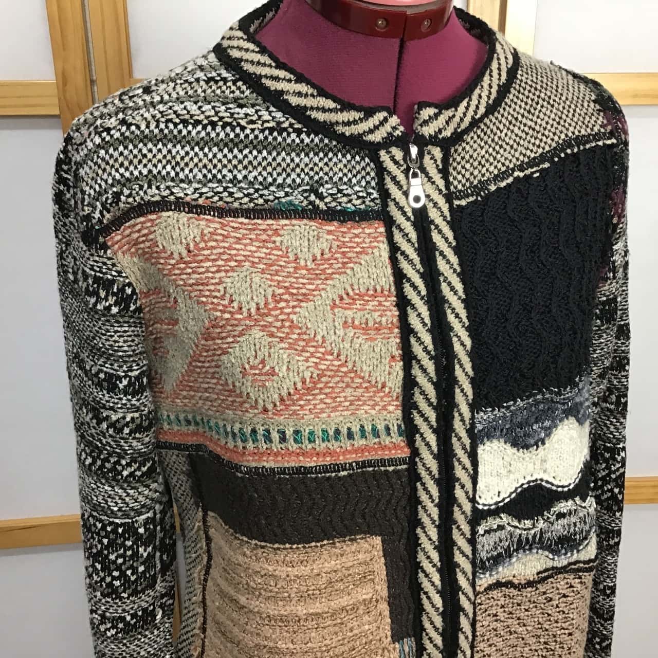 Criffane Womens Size 16 Unique Knit Zip-Up Patchwork Cardigan