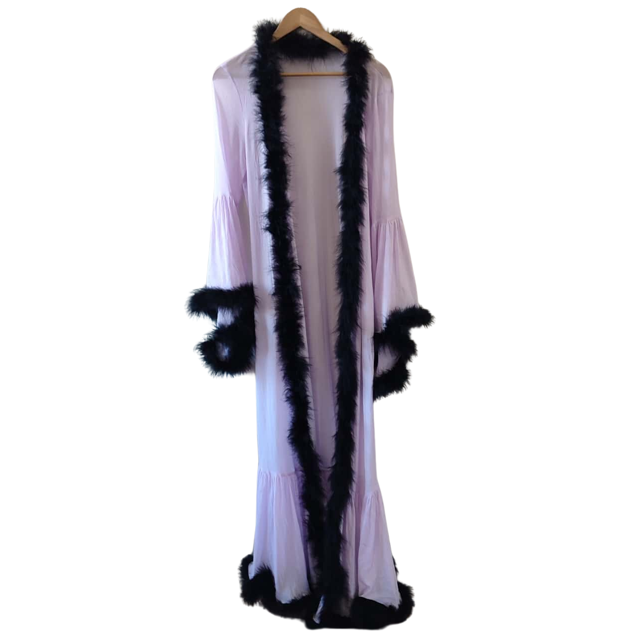 Womens One Size Sheer Purple Dressing Gown with Black Feather Trim(s)