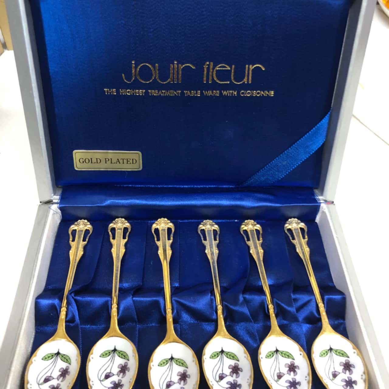 JOUIR FLEUR 6 Teaspoons Gold Plated Cloisonné New in Box(s)