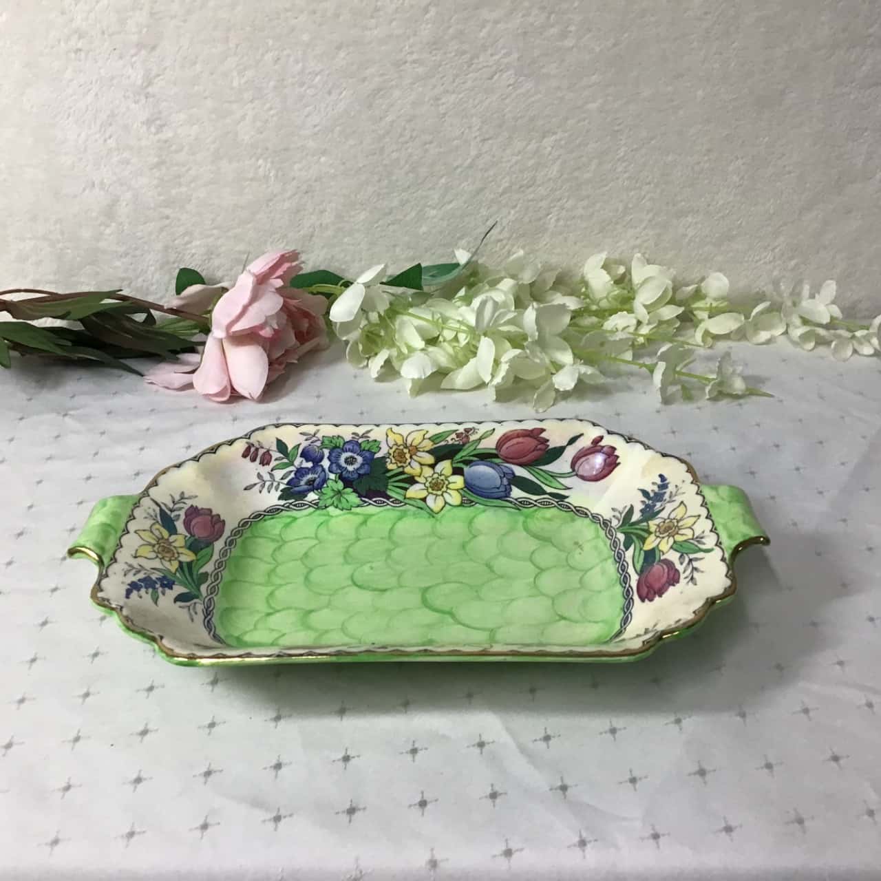 Vintage Maling Green Floral Pattern Decorative Dish with Handles(s)