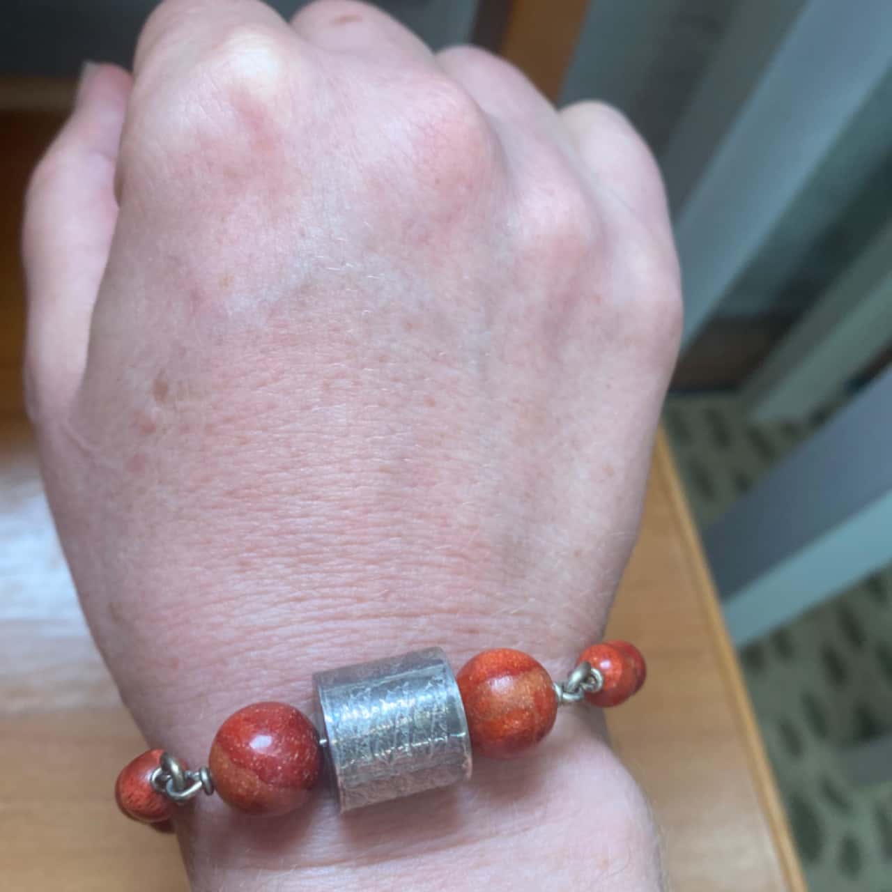 Stamped Silver & Red Coral Bead Bracelet(s)