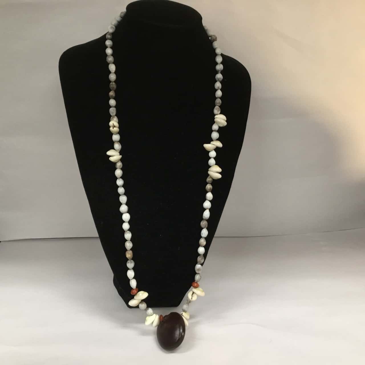 Long Shell Necklace with Brown Wooden Circle