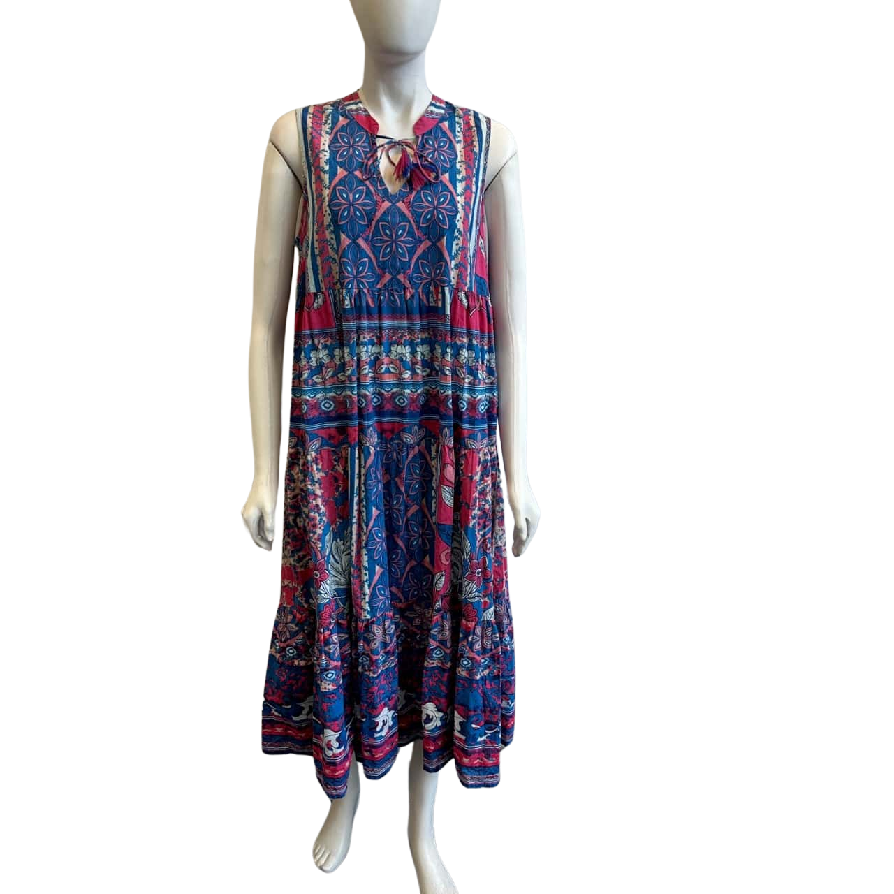 Orientique Women's Size 14 Sleeveless Maxi Dress Blue & Pink Pattern (s)