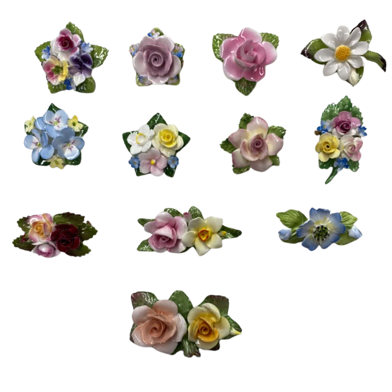 12 Vintage Women's Bone China Flower Brooches