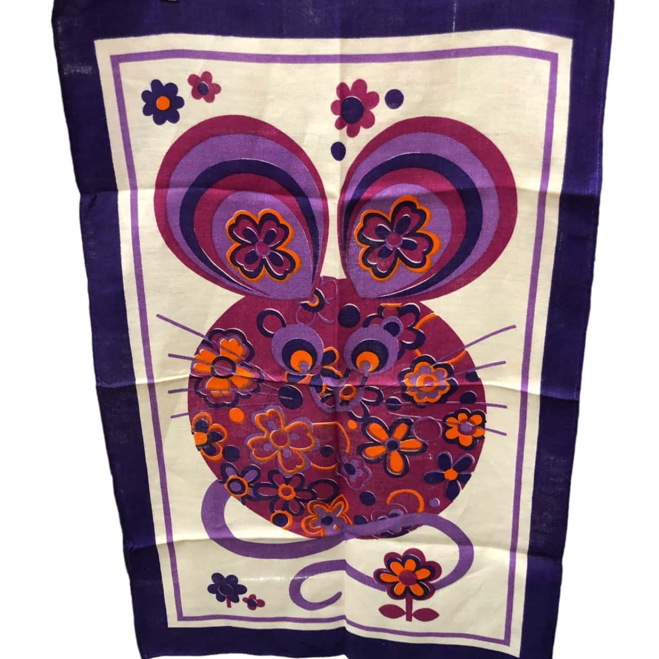 Amazing Retro Linen Tea towel. Psychedelic mouse purple and orange. New(s)