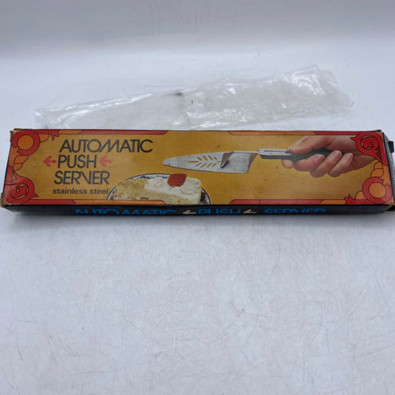 NOS Vintage Cake & Pie Stainless Steel Push Server & Cutter Wooden Handle