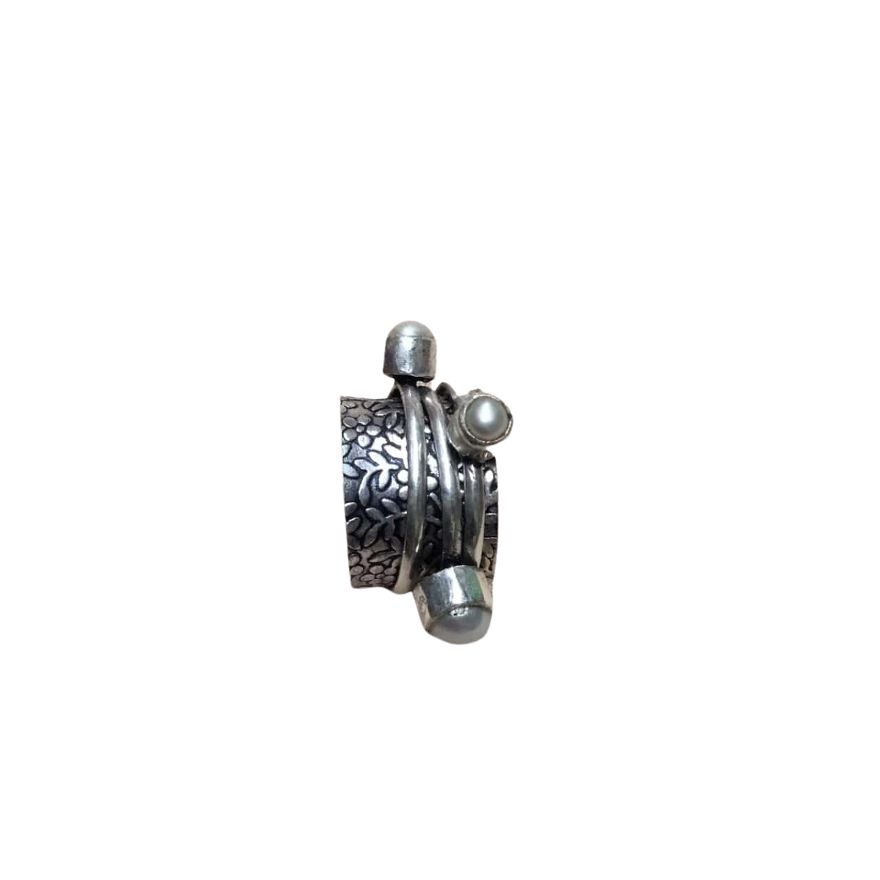25 Silver Round Pearl Spinner Floral Engraved Worry Ring With Three ...