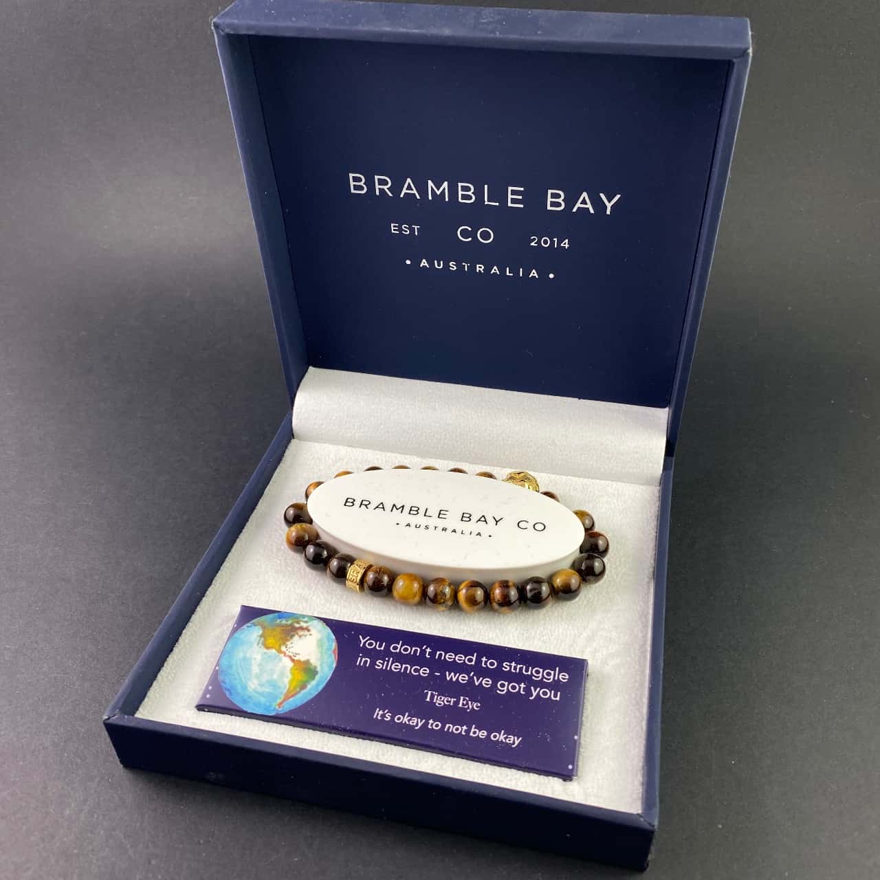 Unisex BRAMBLE BAY COLLECTIONS - PLANET EARTH TIGER EYE GOLD CHARM BRACELET