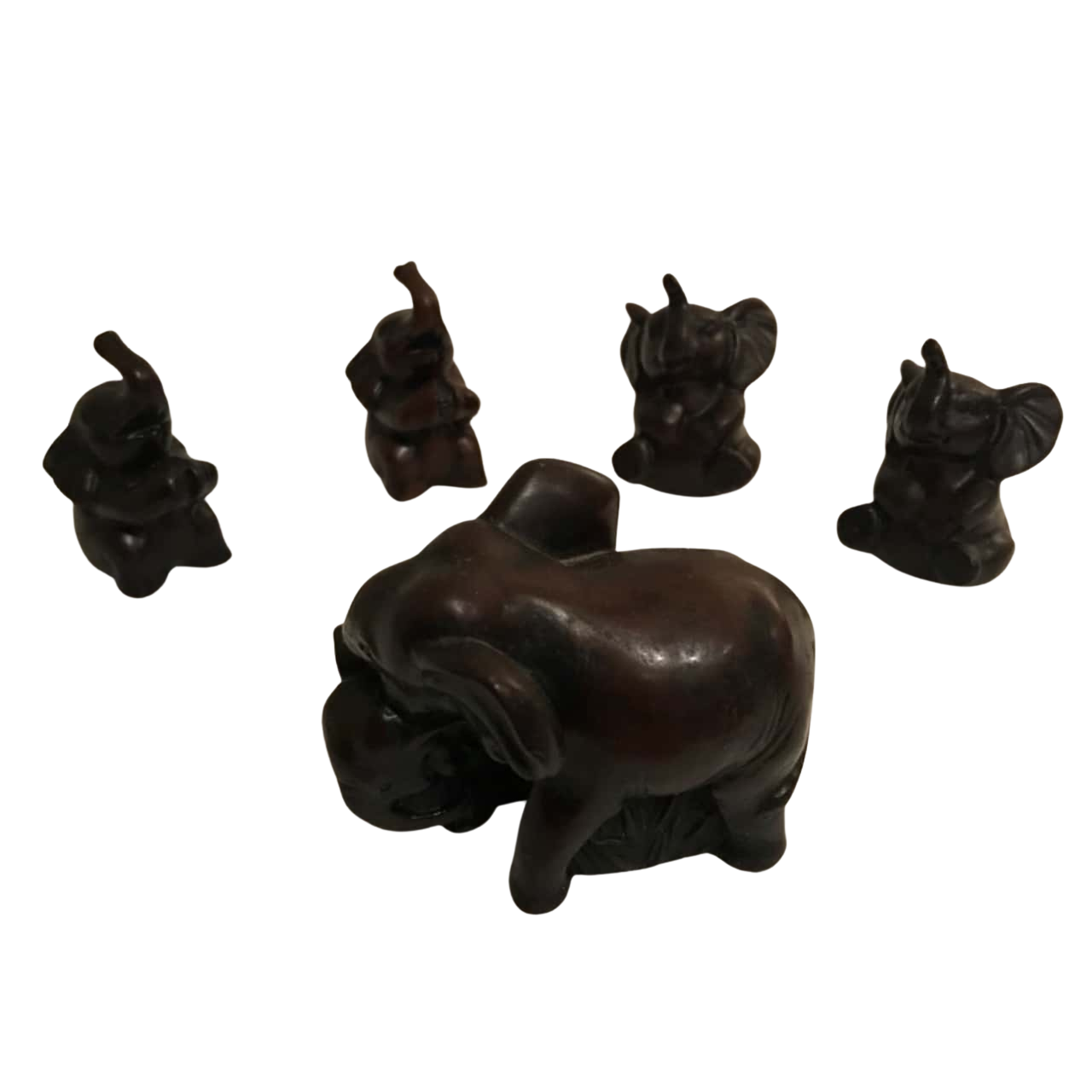 Cute Family of 5 Dark Brown Resin Elephants Playing with Mum