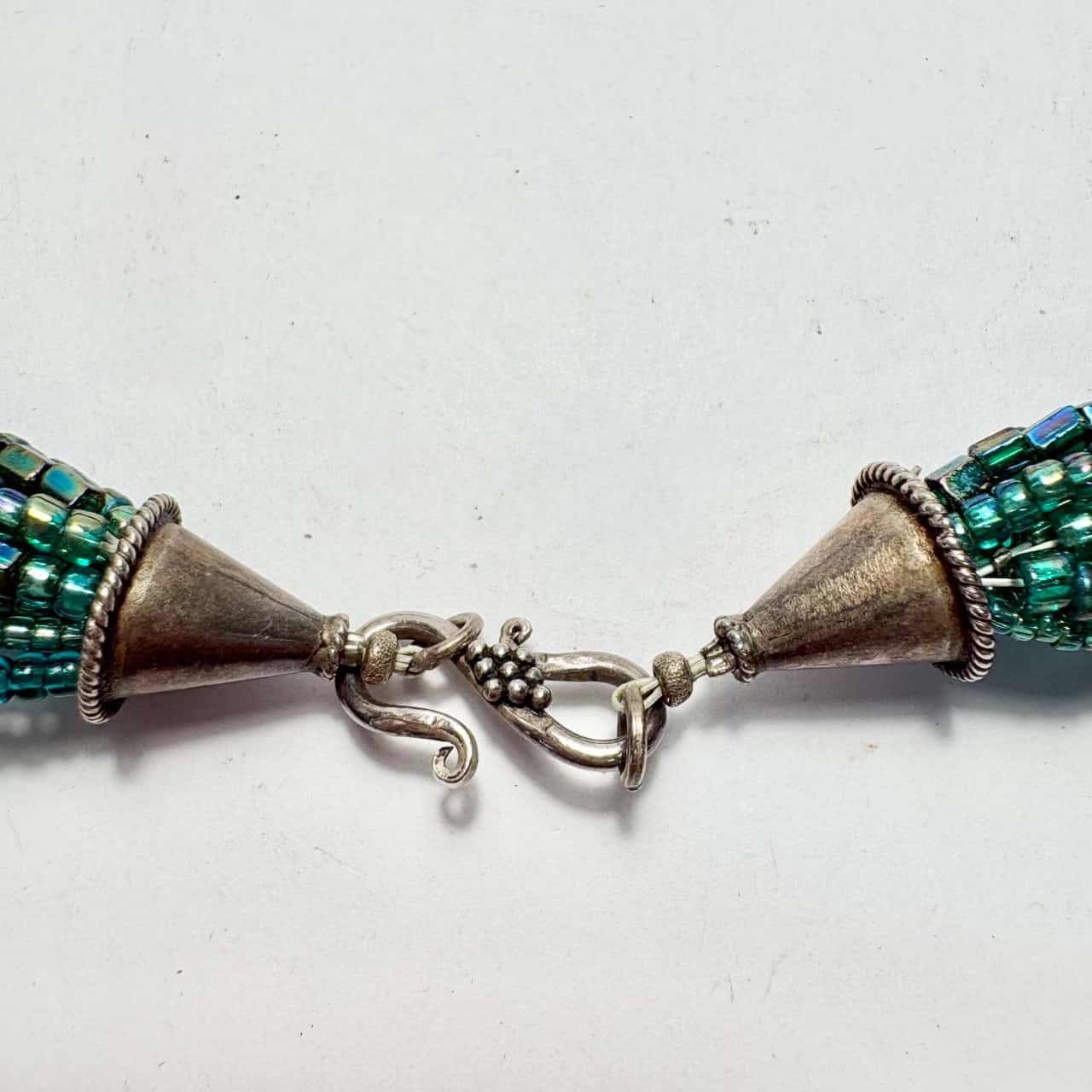 925 Sterling Siver Clasp Multi Strand Aqua Beaded Necklace