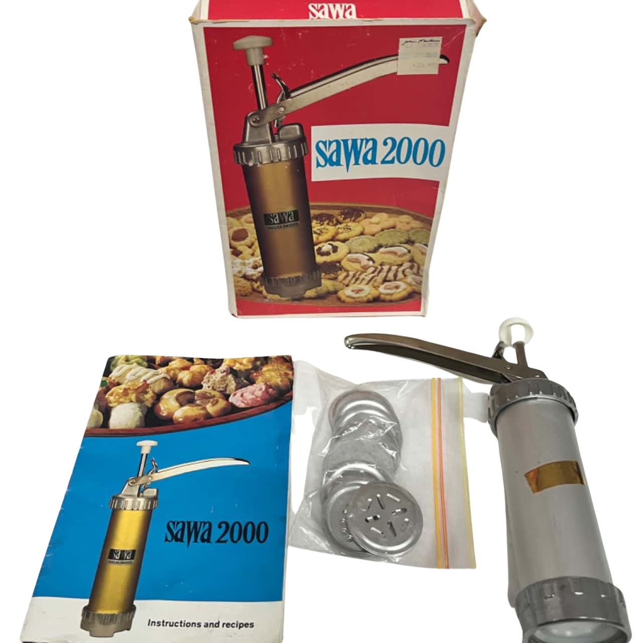 Vintage Sawa 2000 metal cookie press decorator gun w/box & instructions(s)