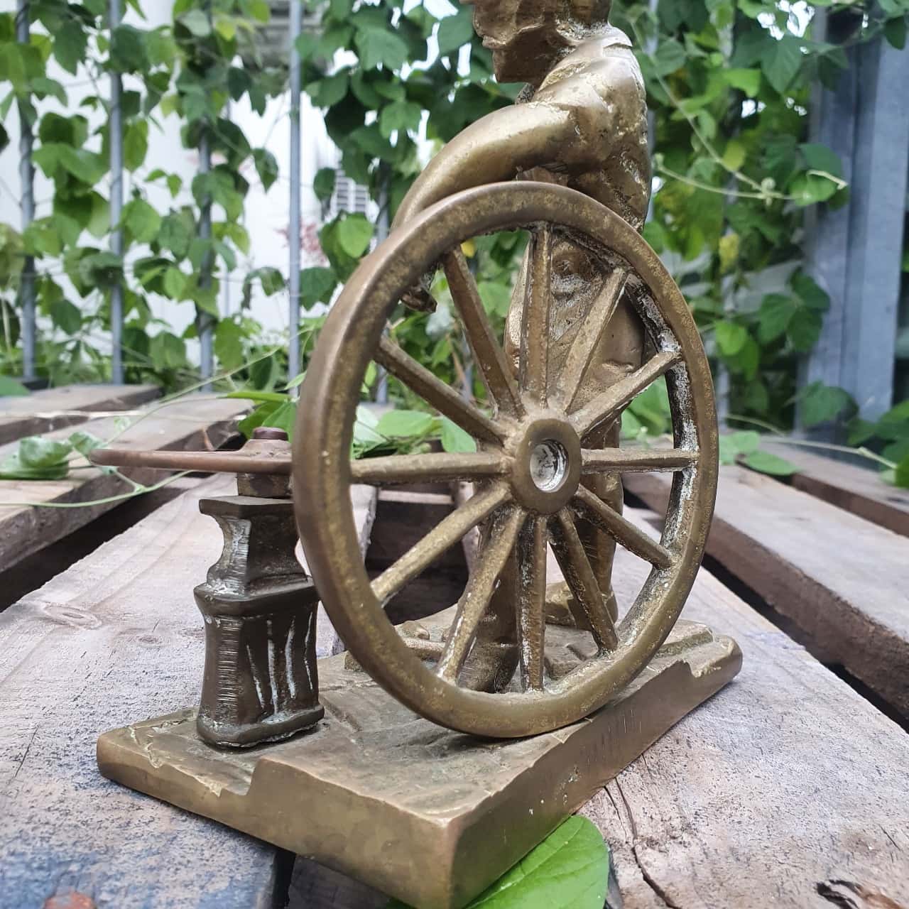 Vintage Solid Brass Blacksmith British Statue, Wheelwright Wagon Wheel(s)