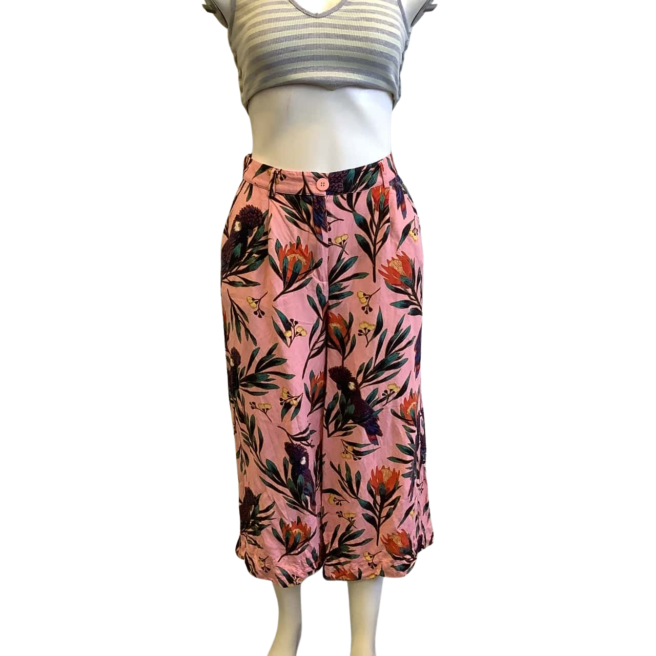 Princess Highway Women's Size 12 Linen Blend Capris Pink Floral & Bird ...