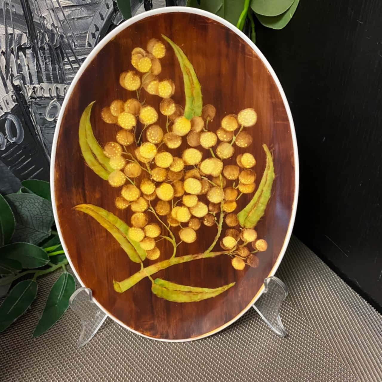 Wattle design oval dish 20cm x 14cm Handpainted (s)