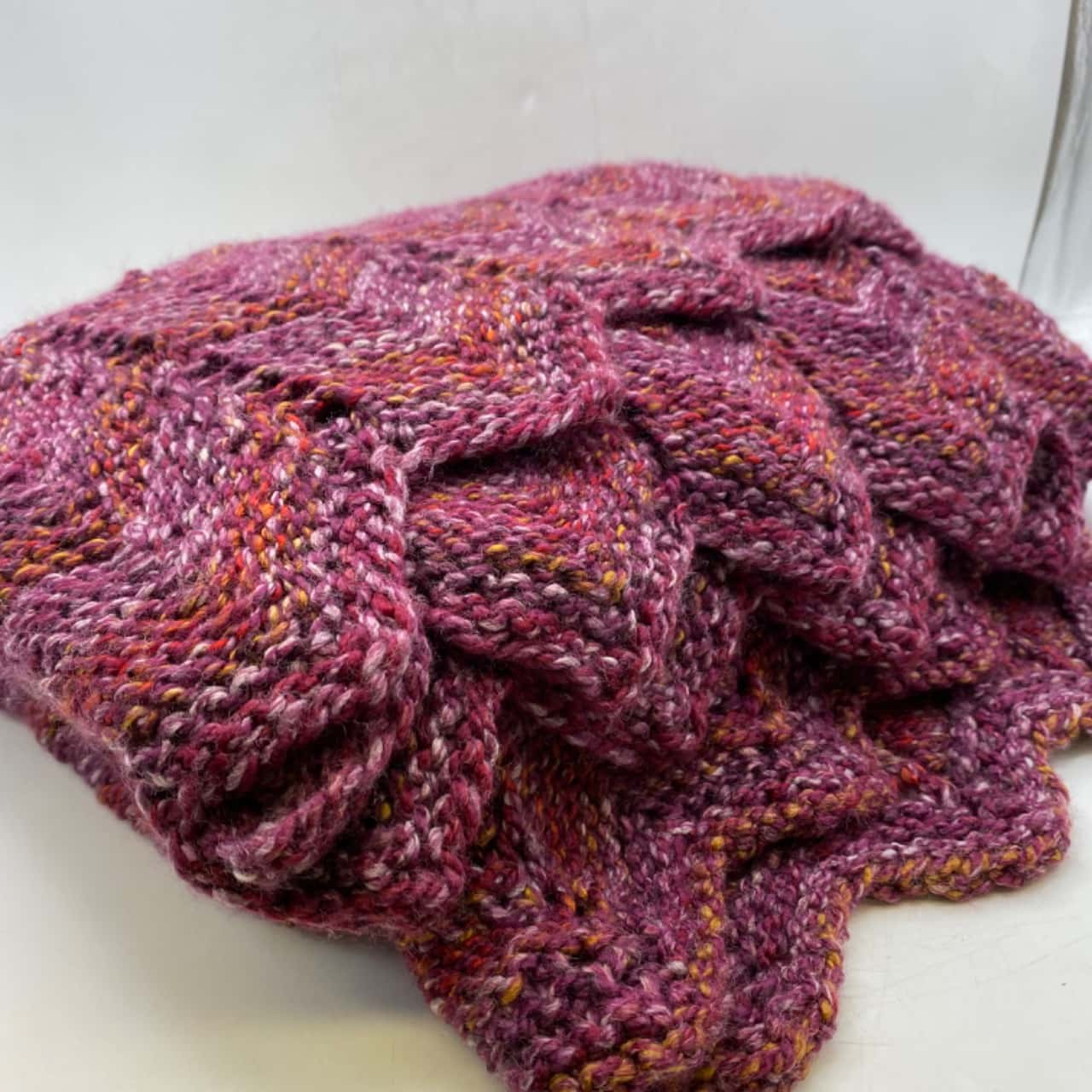 Handmade -knitted Plum colours, blanket. 170 x 150 cms. Zig zag lace ...