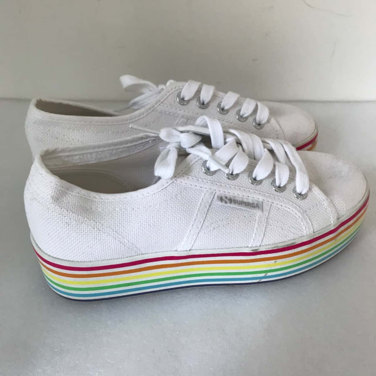 Superga Womens Size 36 White Canvas Lace Up Shoes with Rainbow Edge ...