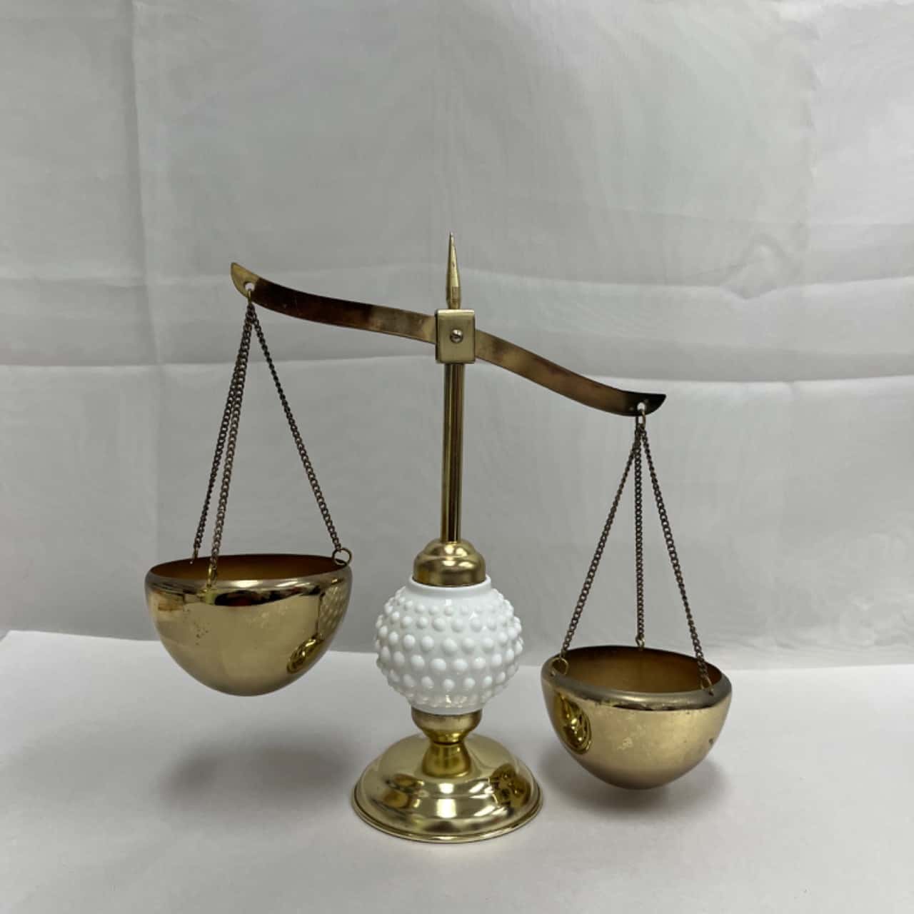 Vintage Balance Scale - Brass and Hobnail Milk Glass Scale(s)