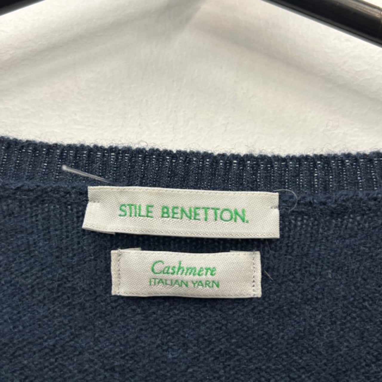 Stile Benetton 100% Cashmere V Neck Jumper - Size L Navy Blue (s)