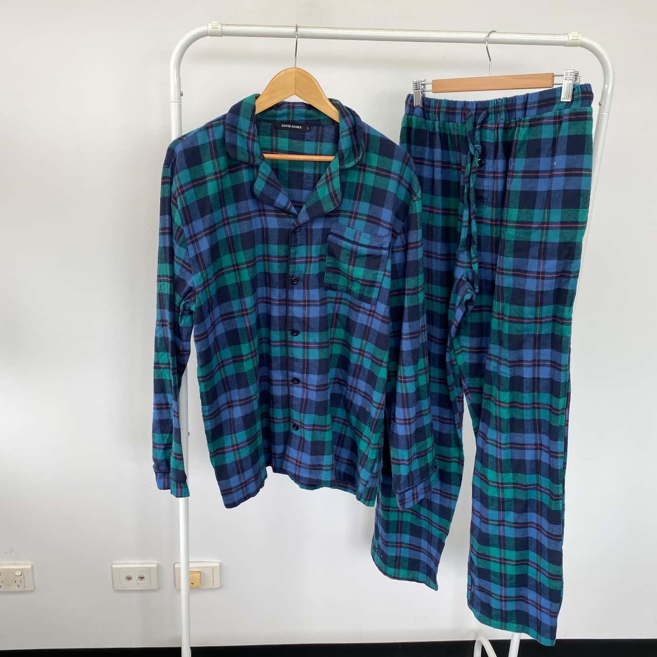 David Jones Blue Green Checked Long Sleeve Shirt And Pants PJ Set Size L