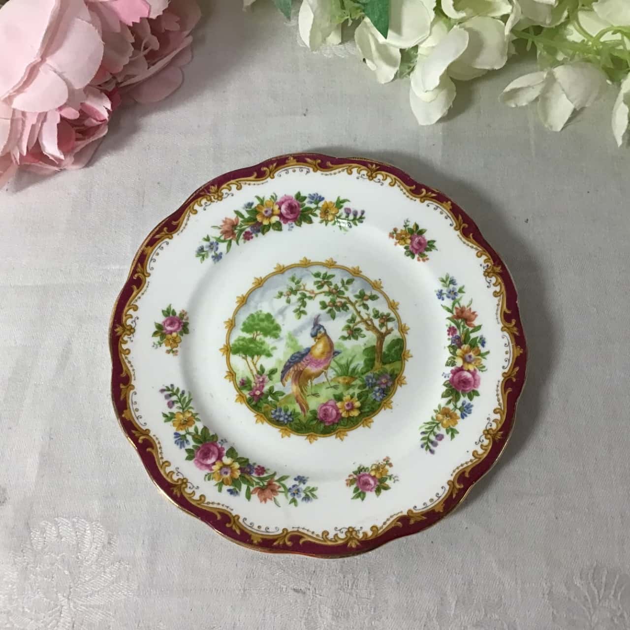 Royal Albert Burgundy “Chelsea Bird” Bone China Cup Saucer and Plate (s)