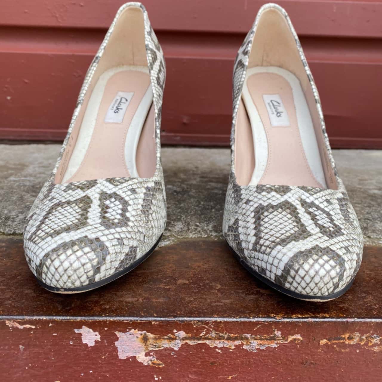 Clarks Womens size 6.5D Leather Snake Print Pump Shoes