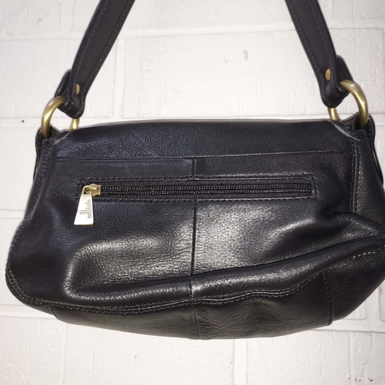 Cellini Black Gold Hardware Leather Cowhide Shoulder Handbag Bag ...