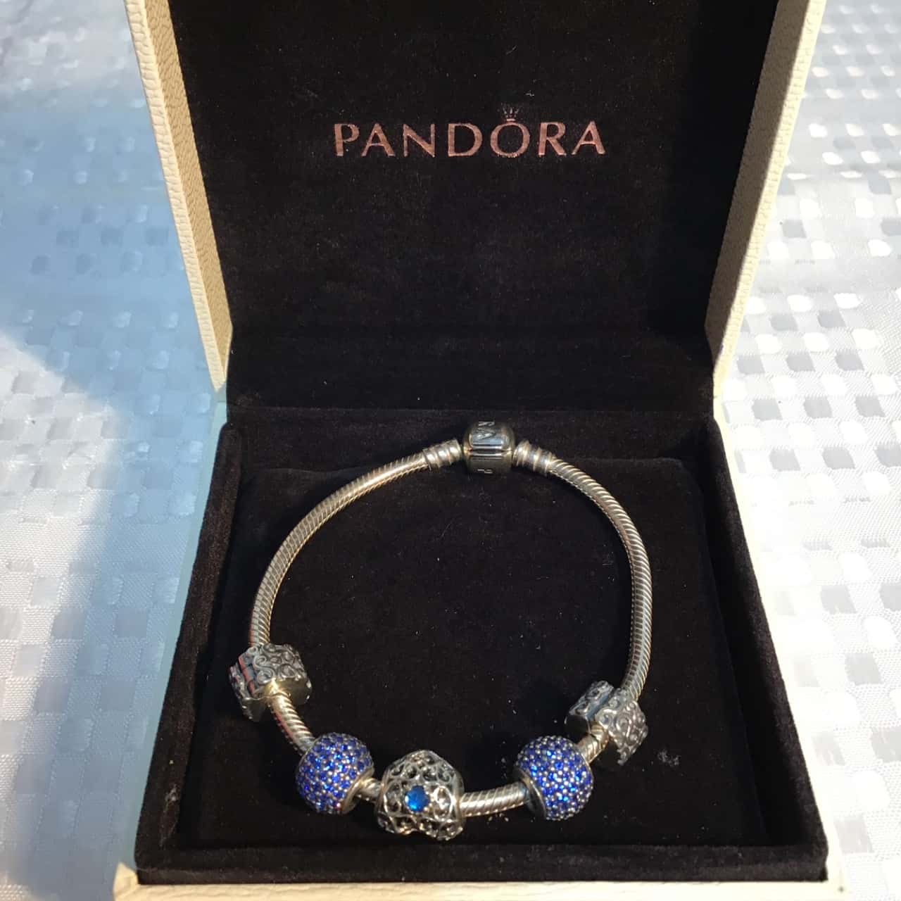 Pandora Womens S/Silver Bracelet with blue charms