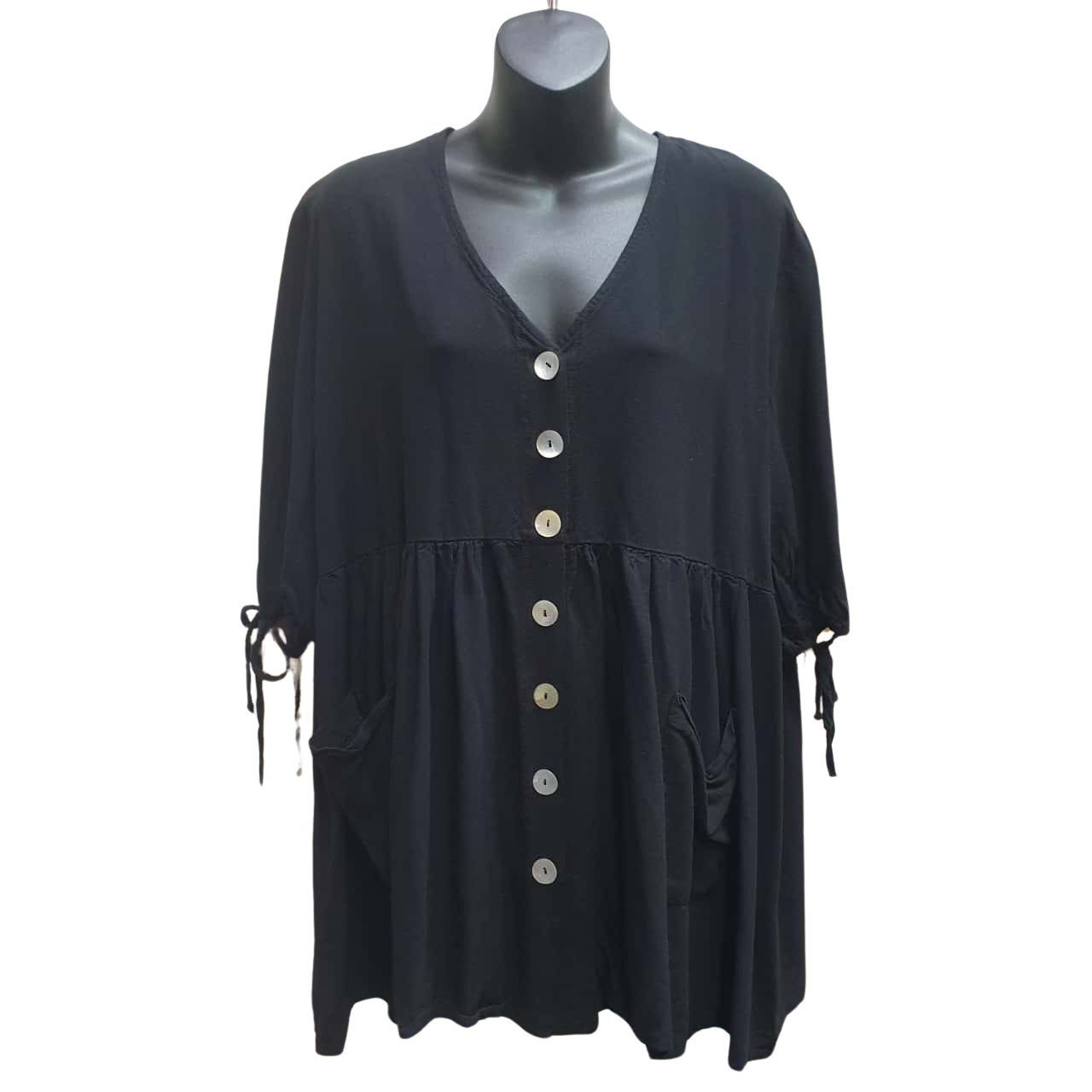 FEATHER & NOISE Black Smock Top With Pockets & Polished Shell Buttons